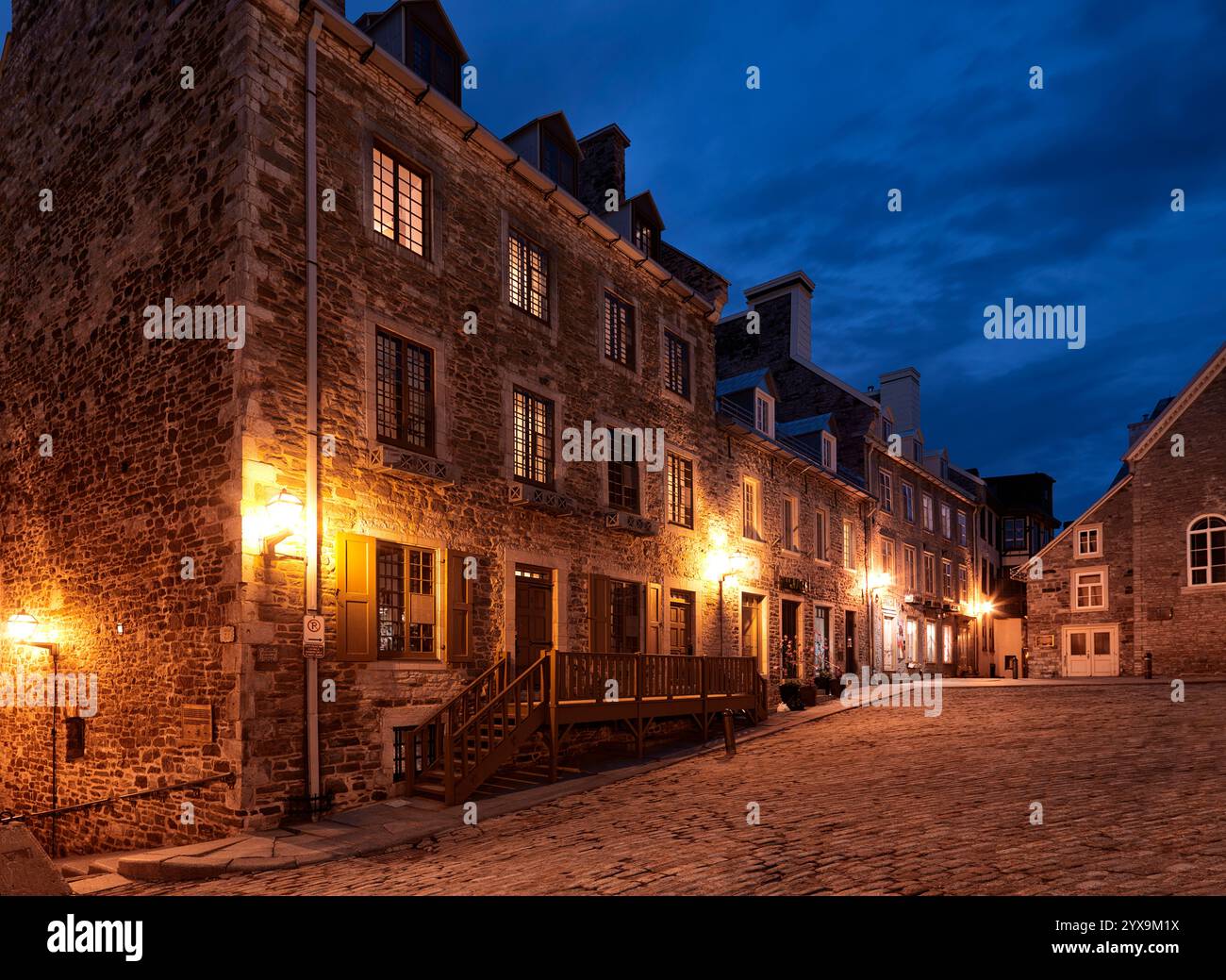 Illuminated corner of the Royal Square in Old Quebec City with its ...