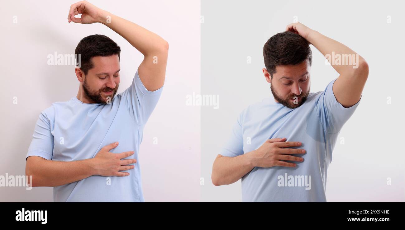 Personal care product. Man on white background, before and after using ...