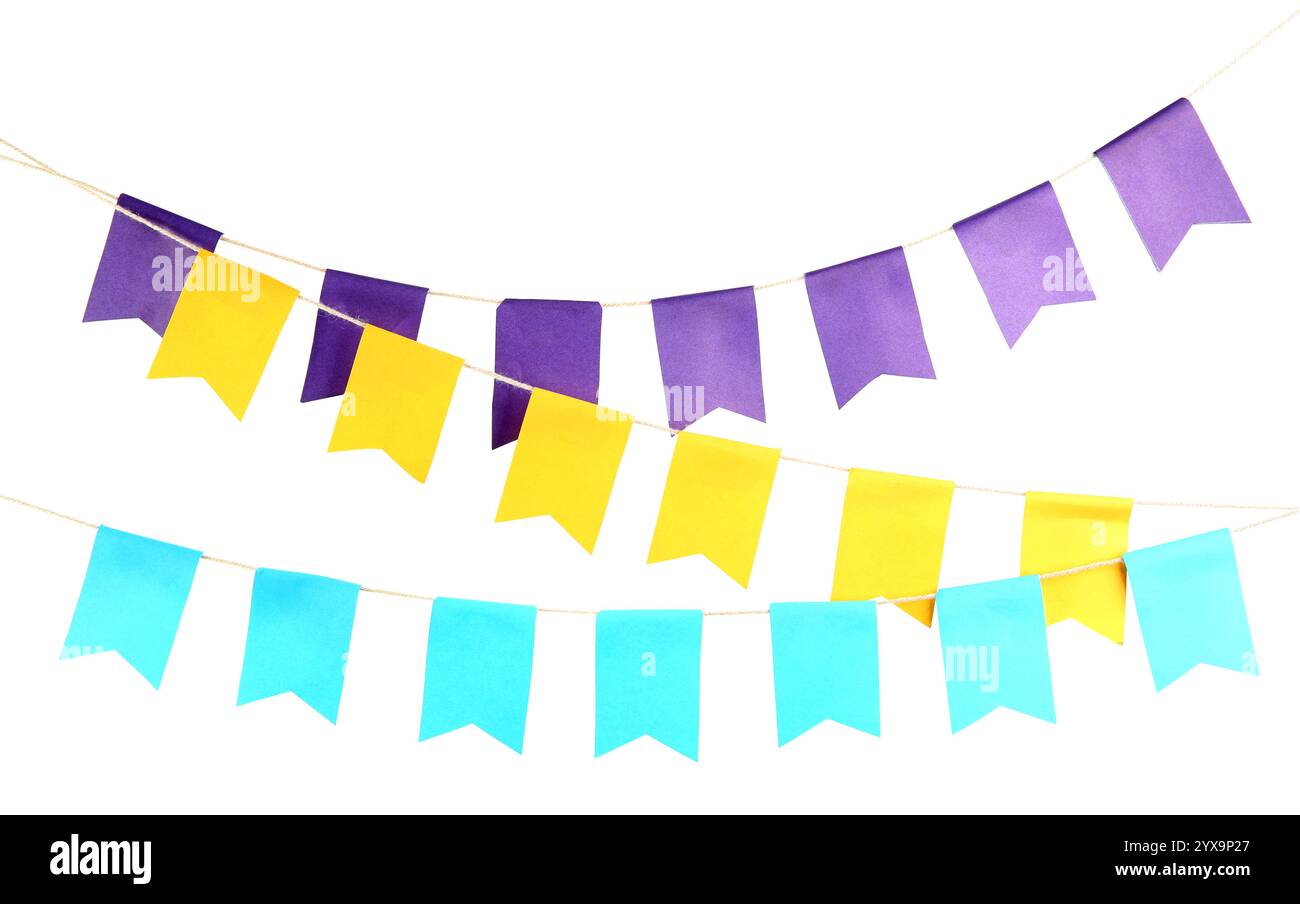 Colorful party flags isolated on white. Festive decor Stock Photo - Alamy