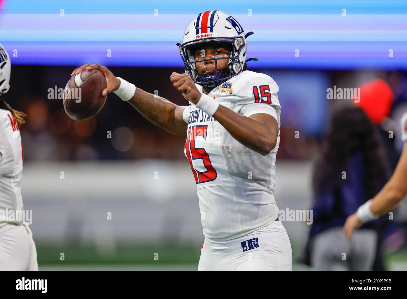 Atlanta, Georgia. 14th Dec, 2024. Jackson State's Jacobian Morgan warms ...