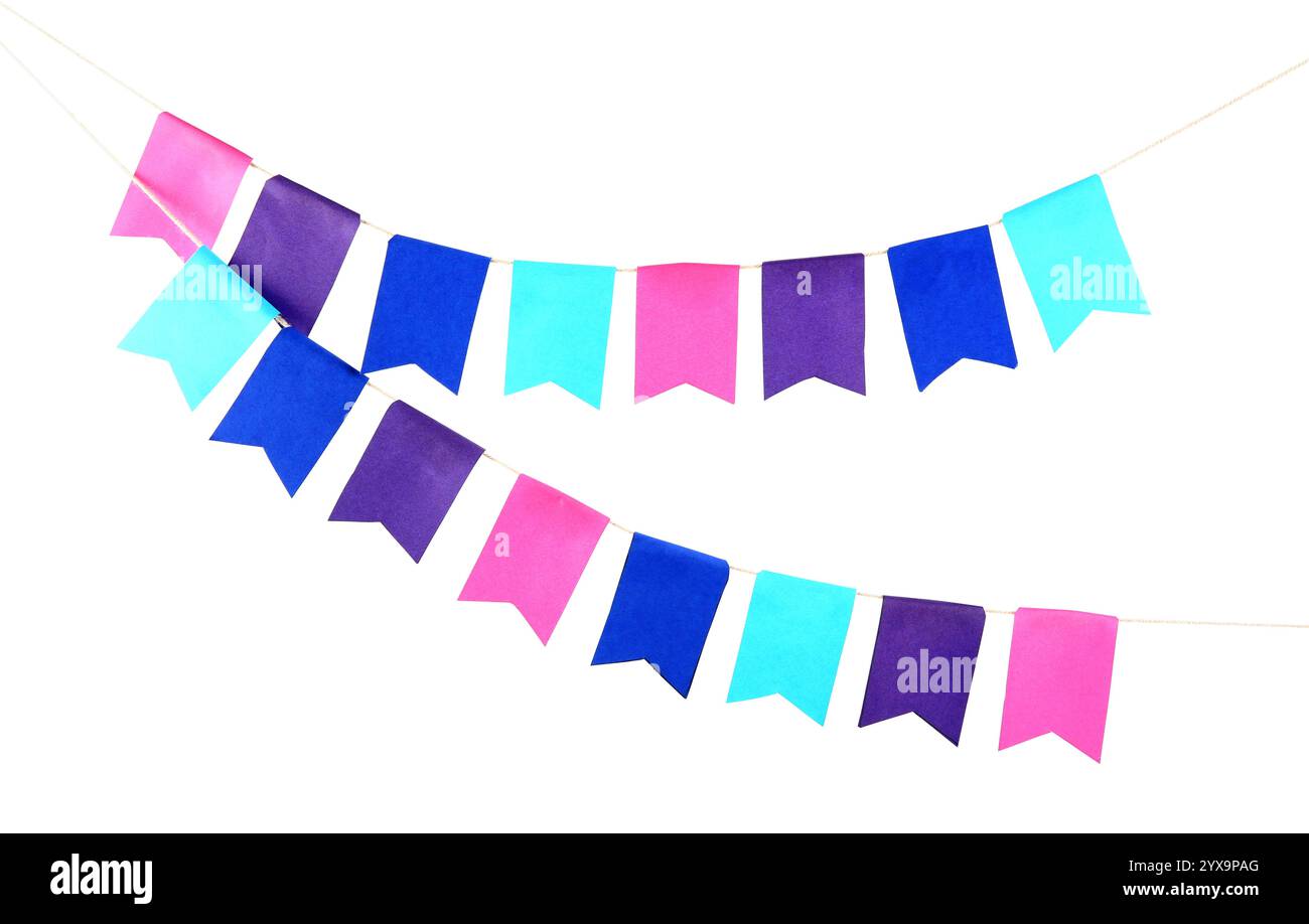 Colorful party flags isolated on white. Festive decor Stock Photo - Alamy