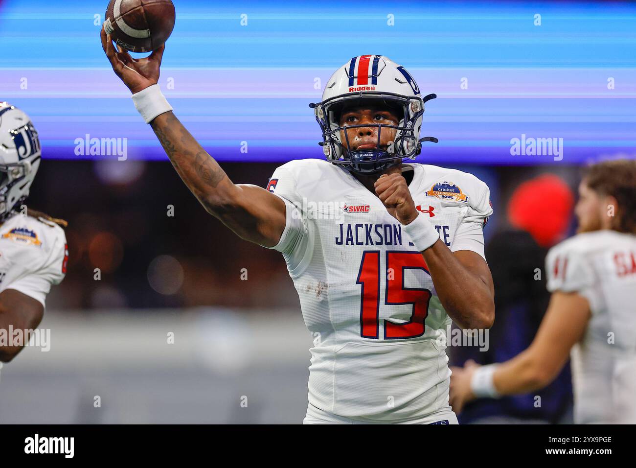 Atlanta, Georgia. 14th Dec, 2024. Jackson State's Jacobian Morgan warms ...