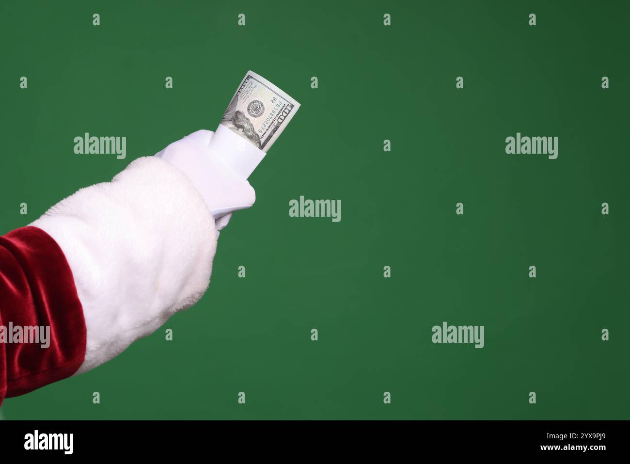 Santa Claus with dollar banknotes on green background, closeup. Space ...