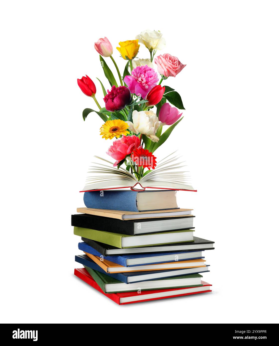 Stacked books and open one with beautiful flowers between pages on ...