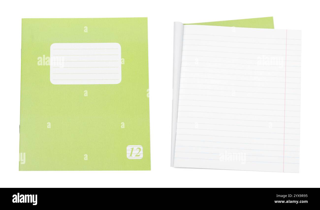 Open and closed notebook on white background. School stationery Stock ...