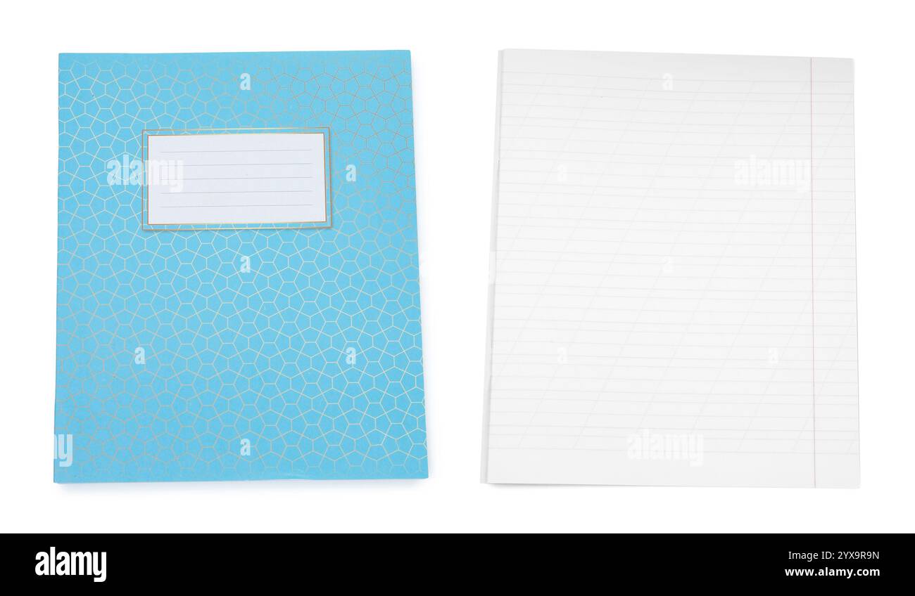 Open and closed notebook on white background. School stationery Stock ...