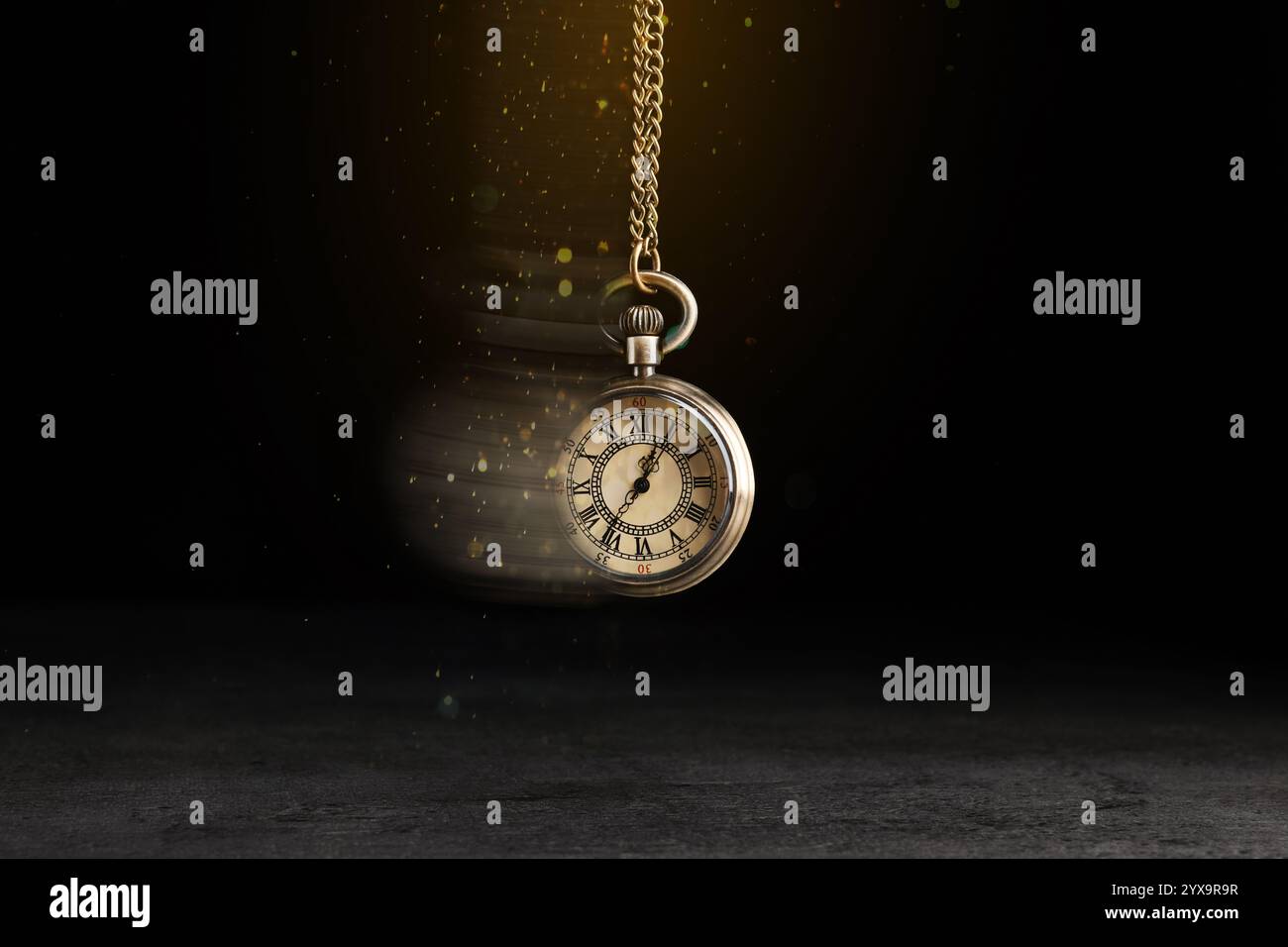 Hypnosis session. Vintage pocket watch swinging on black background ...
