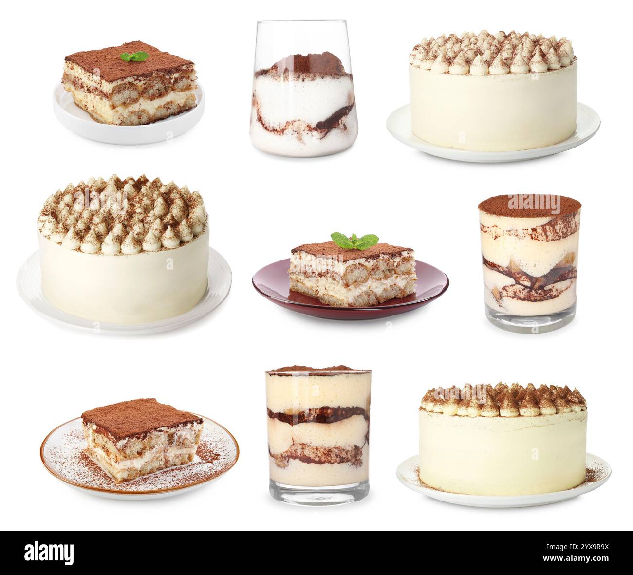 Yummy tiramisu desserts in different variations on white background ...