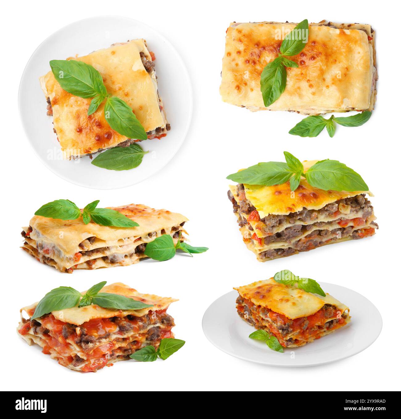 Pieces of delicious lasagna isolated on white, set Stock Photo - Alamy