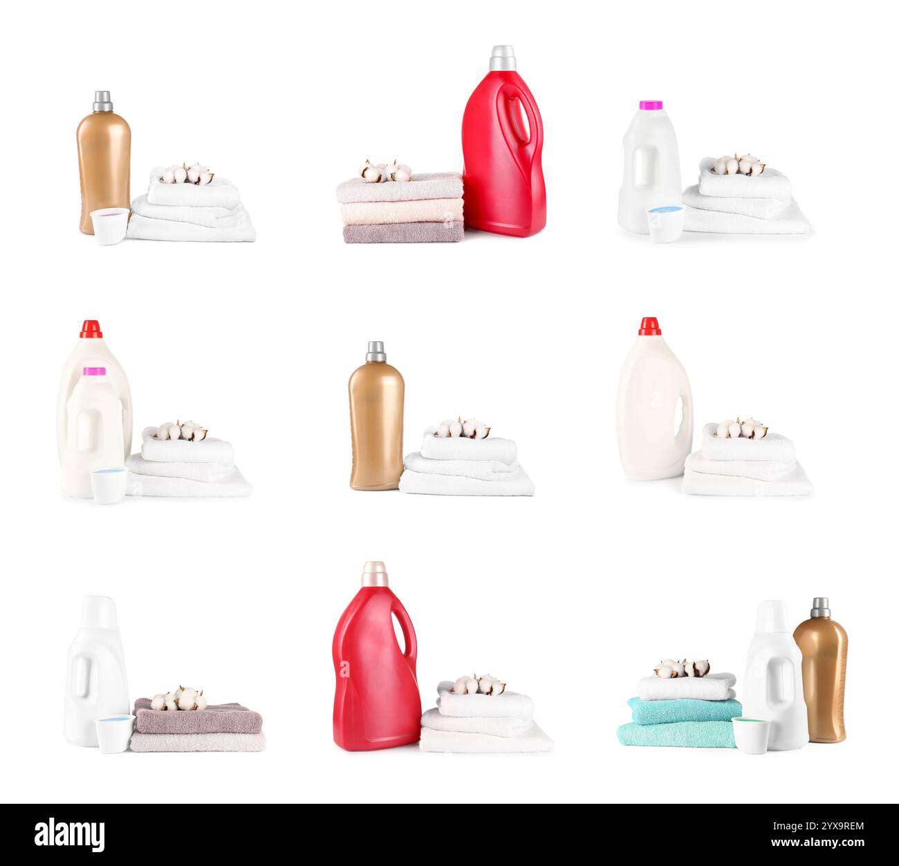 Laundry detergent, fabric softener and stacked clothes on white ...