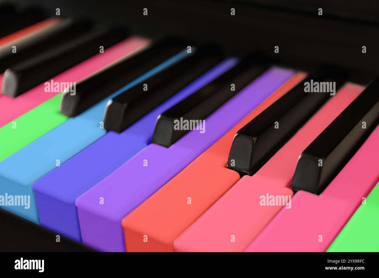 Piano with keys in colors of rainbow, closeup. Musical instrument Stock ...