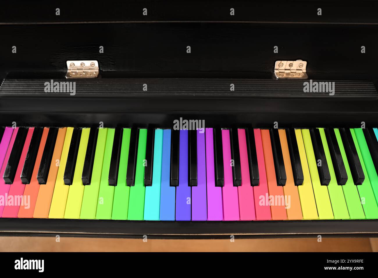 Piano with keys in colors of rainbow, closeup. Musical instrument Stock ...