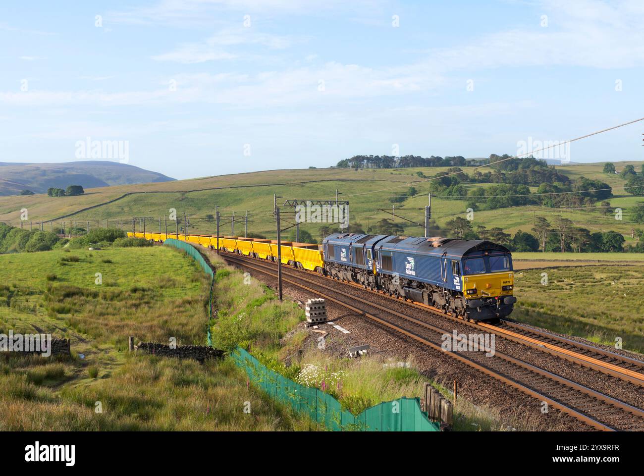 2 DRS class 66 locomotives at Greenholme, Cumbria on the west coast ...