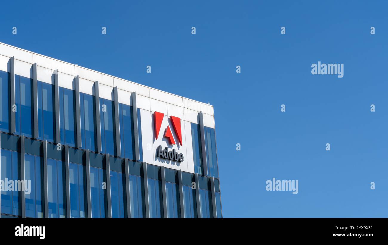 Close up of Adobe logo on the building at its new campus in Lehi City ...