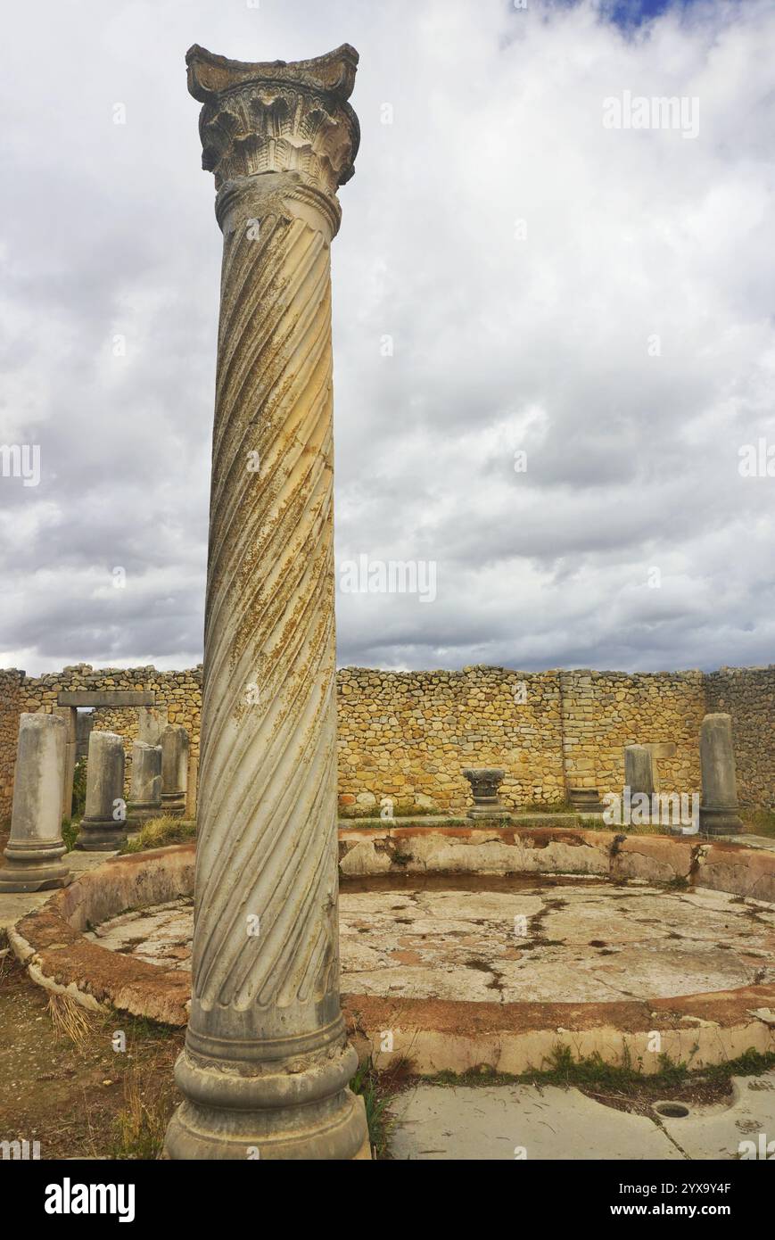 An ornate carved stone pillar stands among well-preserved ancient Roman ...