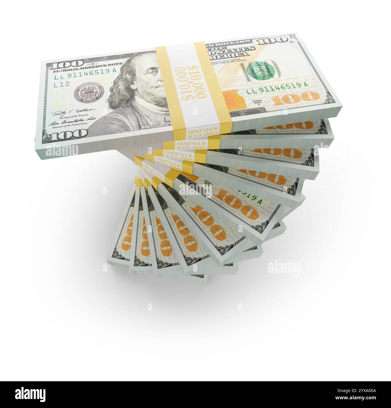 One Hundred Thousand Dollars Spiralling Stacks of One Hundred Dollar ...