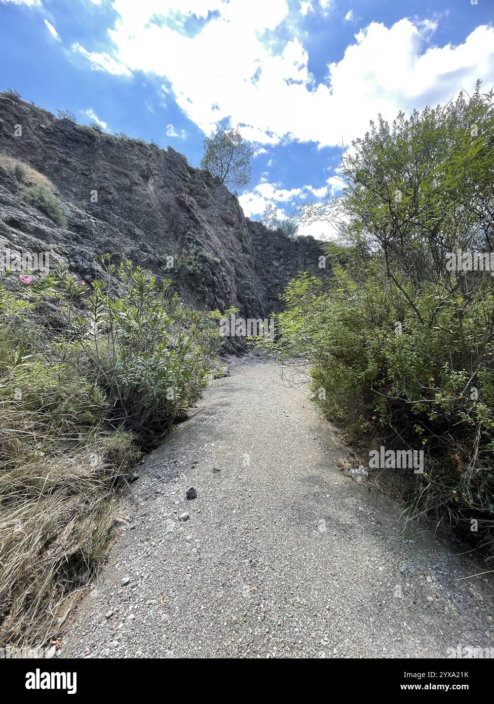 Narrow Gravel Pathway Winding Through Rocky Cliffs and Green Vegetation ...