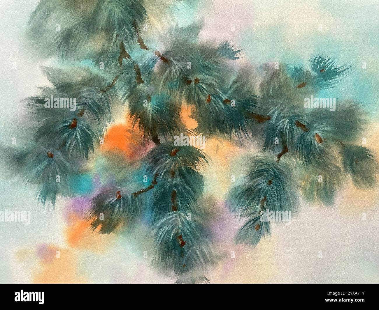 Christmas card with pine tree branches and a candle watercolor ...