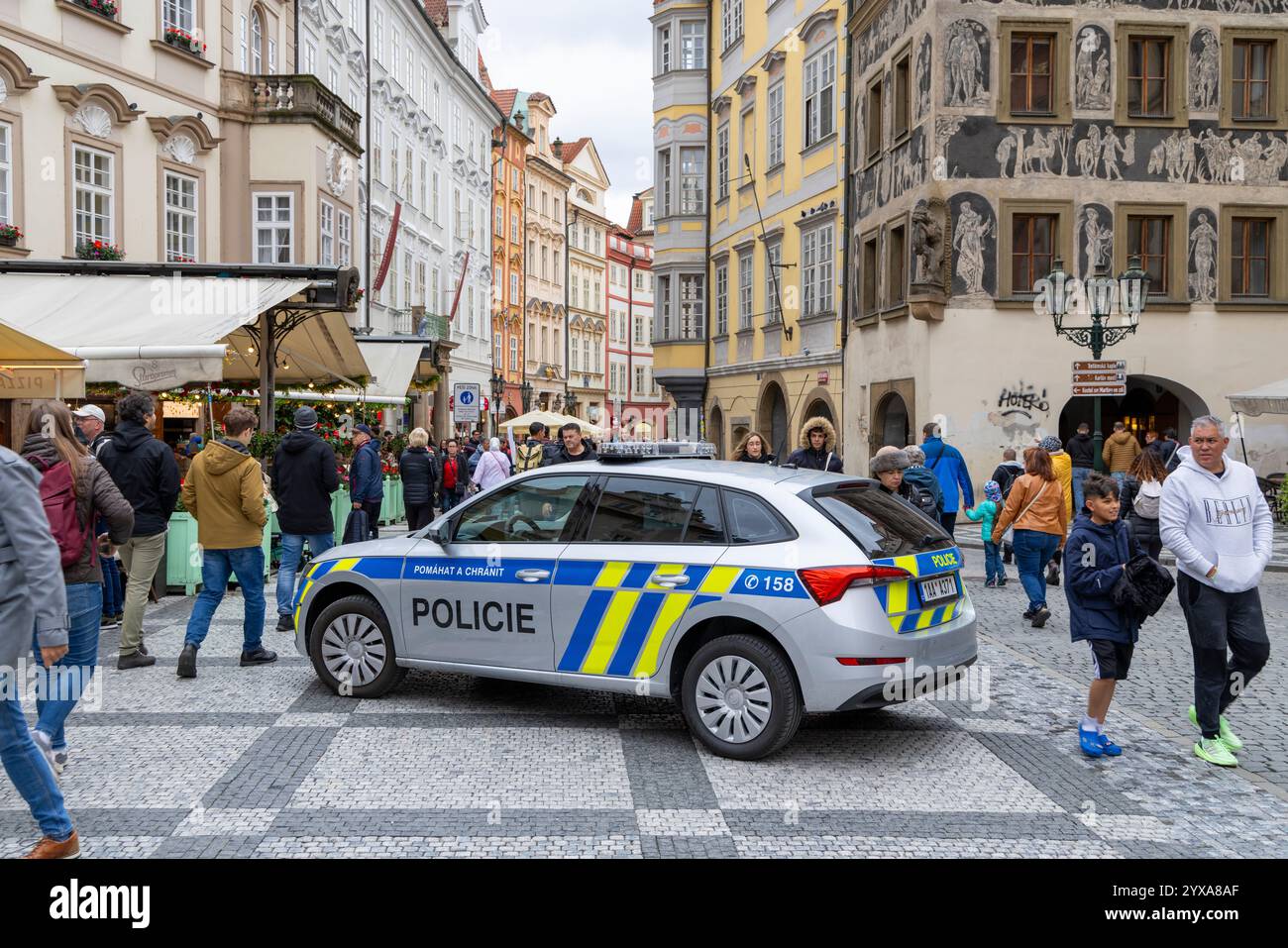 Prague city centre,Czech Republic, police car vehicle parked in the old ...