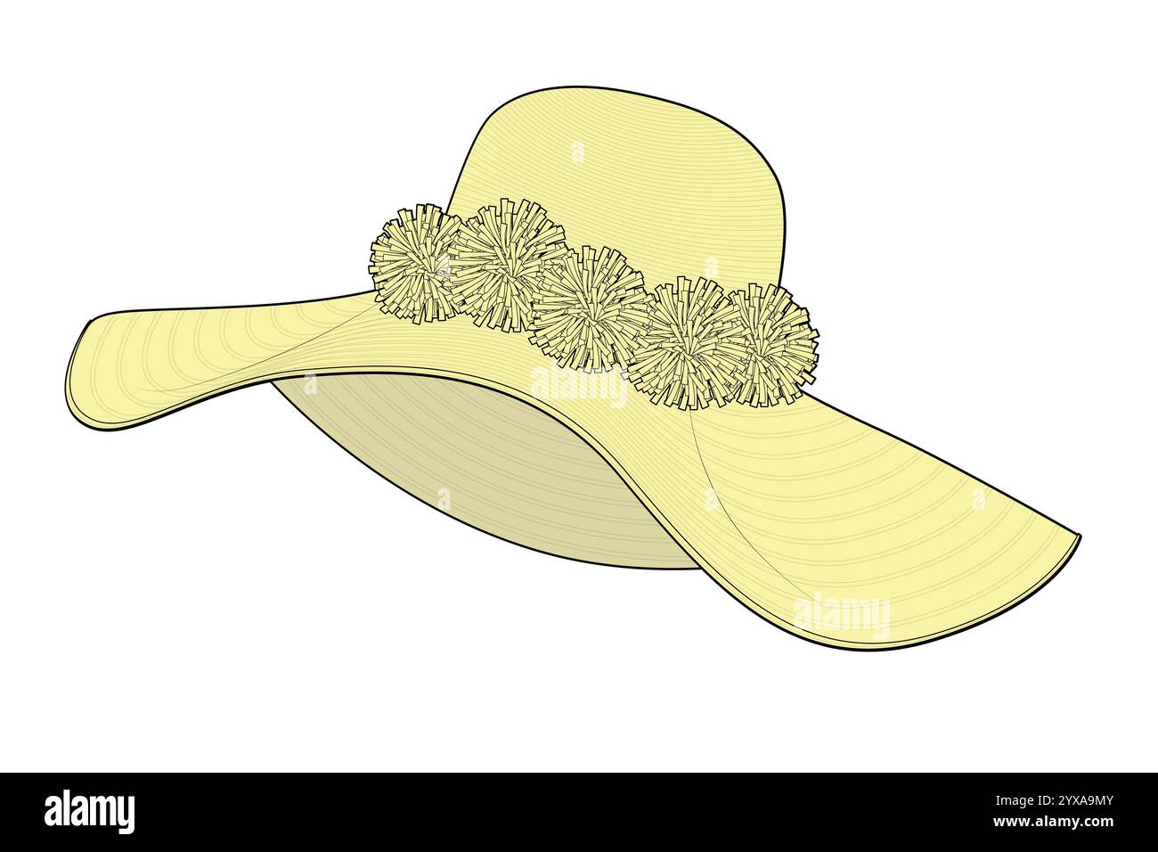 Oversized woven floppy hats technical line drawing vector mockup ...
