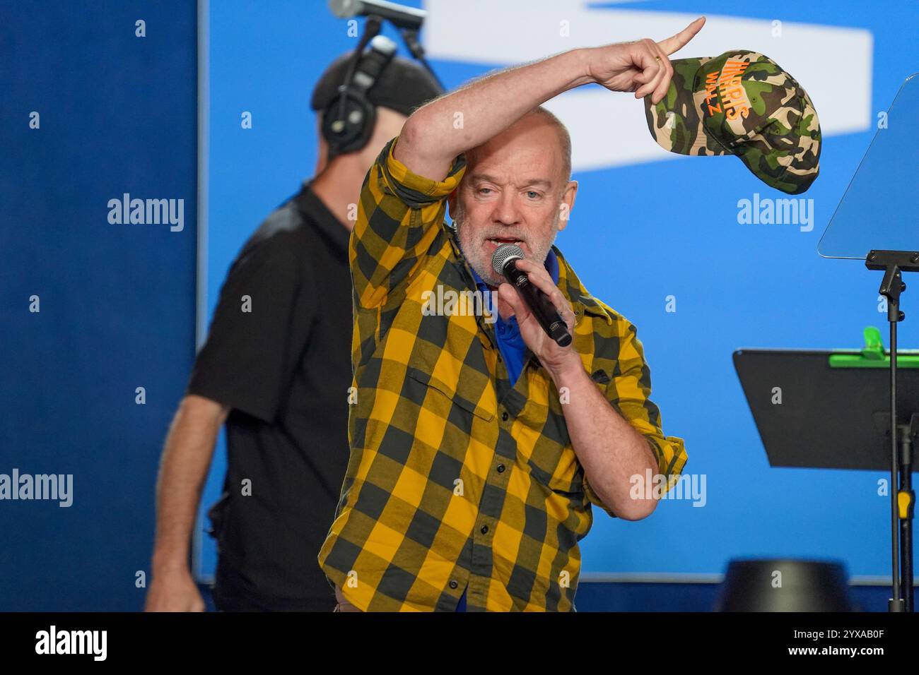 Michael Stipe performs during a Team Harris Walz campaign rally at the ...