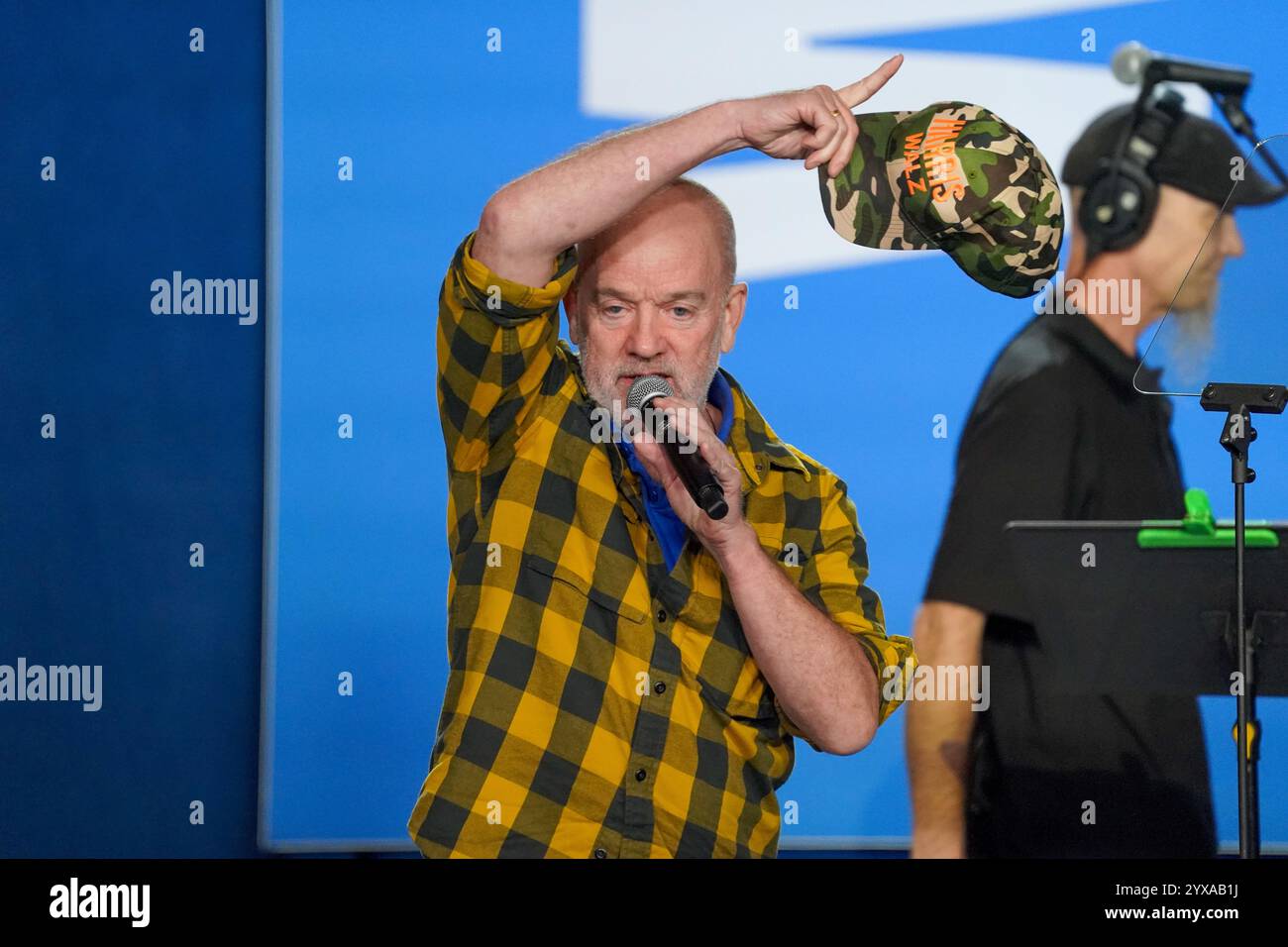 Michael Stipe performs during a Team Harris Walz campaign rally at the ...