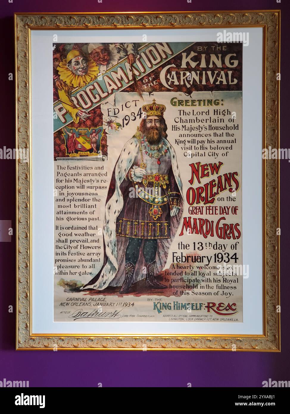 Framed poster of the Proclamation of the King of New Orleans' Mardi ...