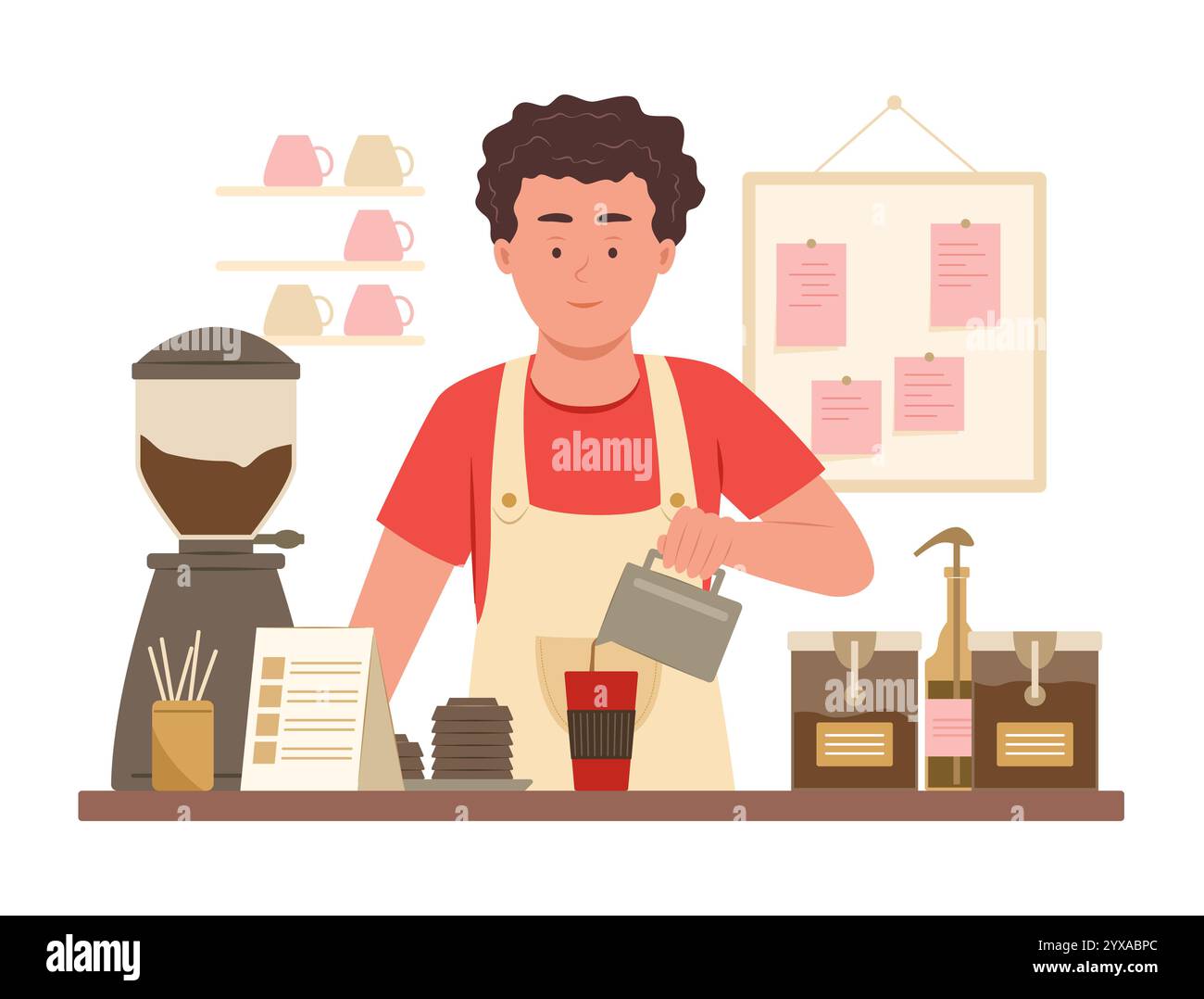 Barista Man Making Coffee at Bar Counter in Coffee Shop Stock Vector ...