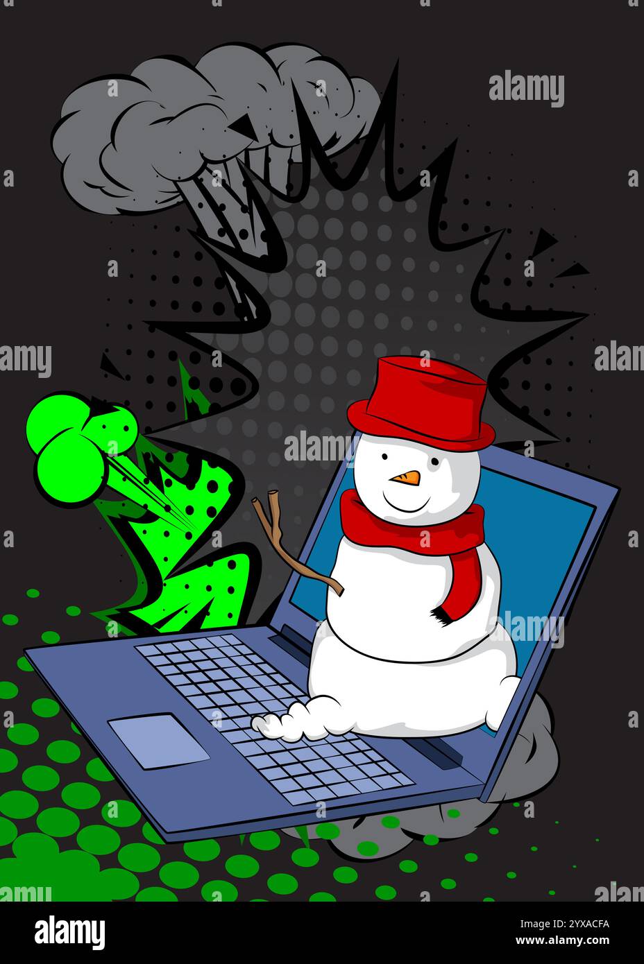 Cartoon Laptop, comic book Notebook with Snowman. Retro vector comics ...