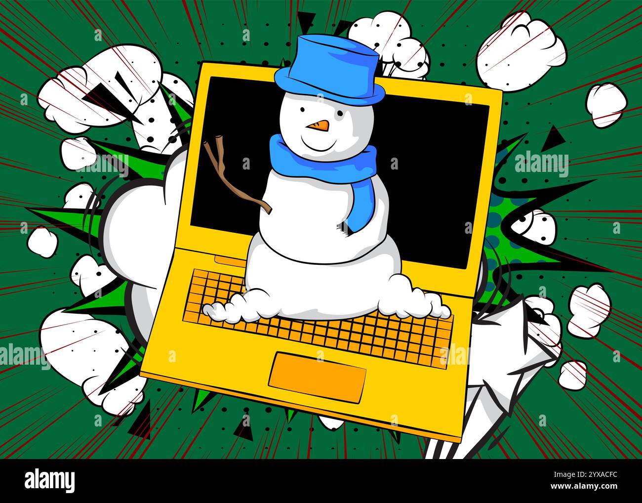Cartoon Laptop, comic book Notebook with Snowman. Retro vector comics ...
