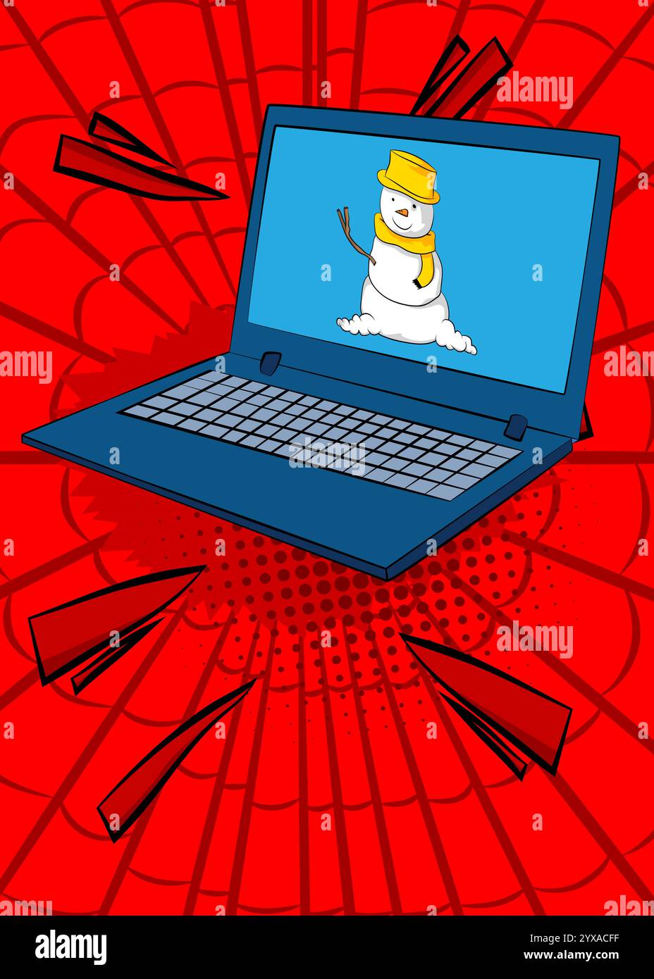Cartoon Laptop, comic book Notebook with Snowman. Retro vector comics ...