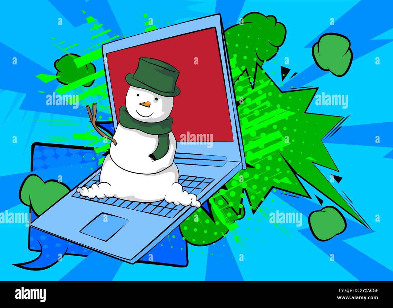 Cartoon Laptop, comic book Notebook with Snowman. Retro vector comics ...
