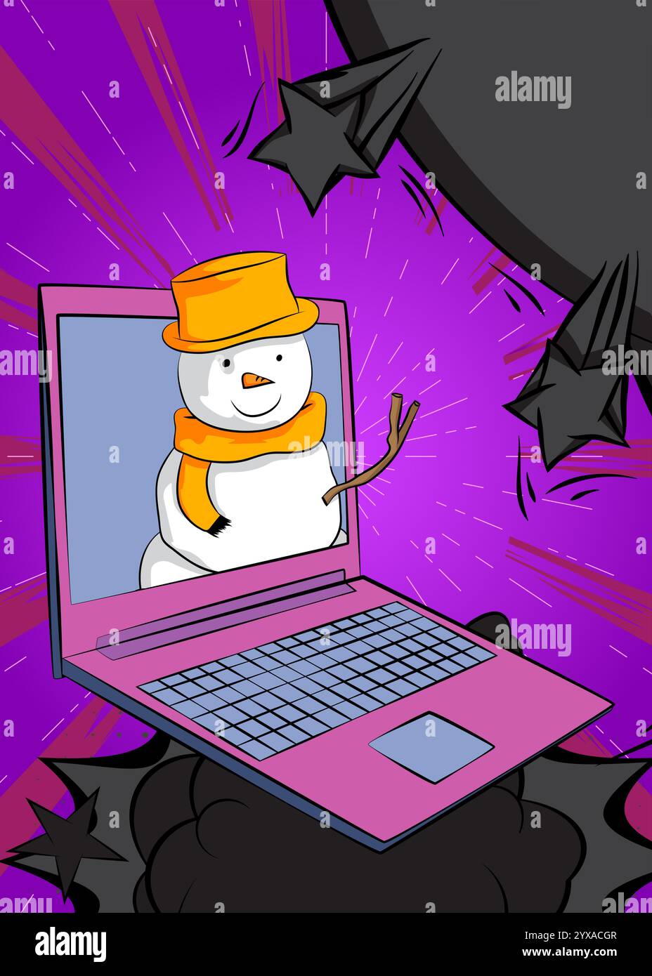 Cartoon Laptop, comic book Notebook with Snowman. Retro vector comics ...