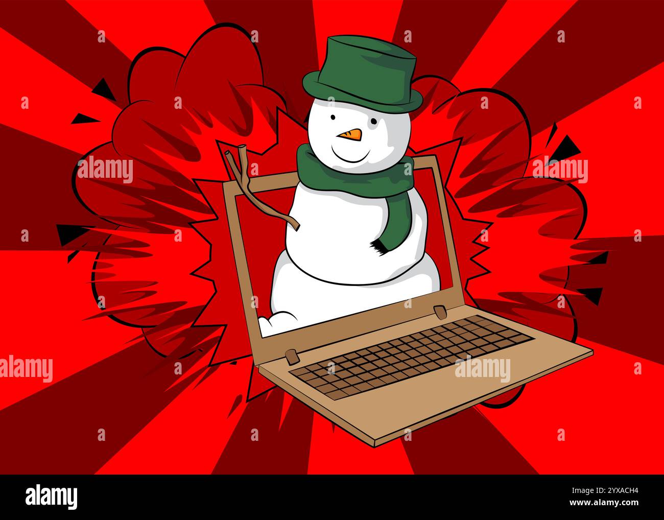 Cartoon Laptop, comic book Notebook with Snowman. Retro vector comics ...