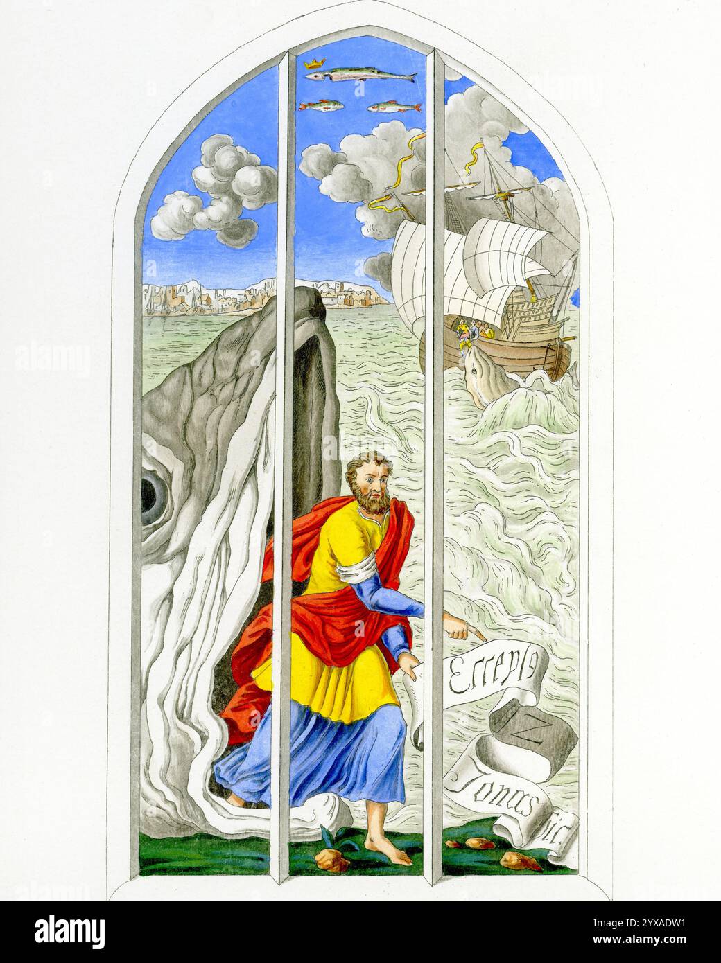 Jonah fleeing from the whale at sea with a ship in the background ...