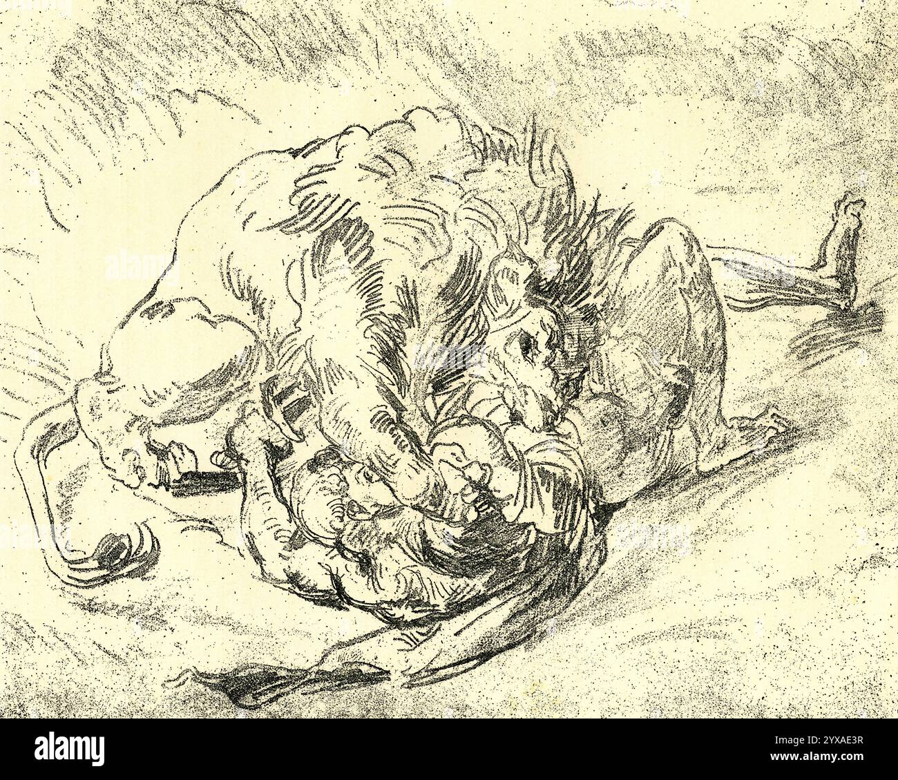 Lion attacks a man in a fierce struggle depicting nature's brutal ...