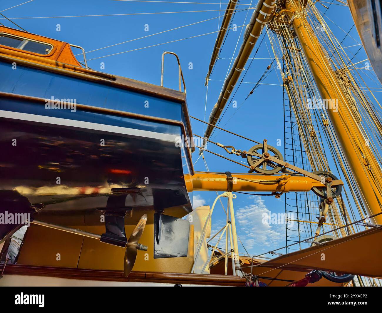 A lifeboat is securely tied to the mast of a sailing vessel Stock Photo ...