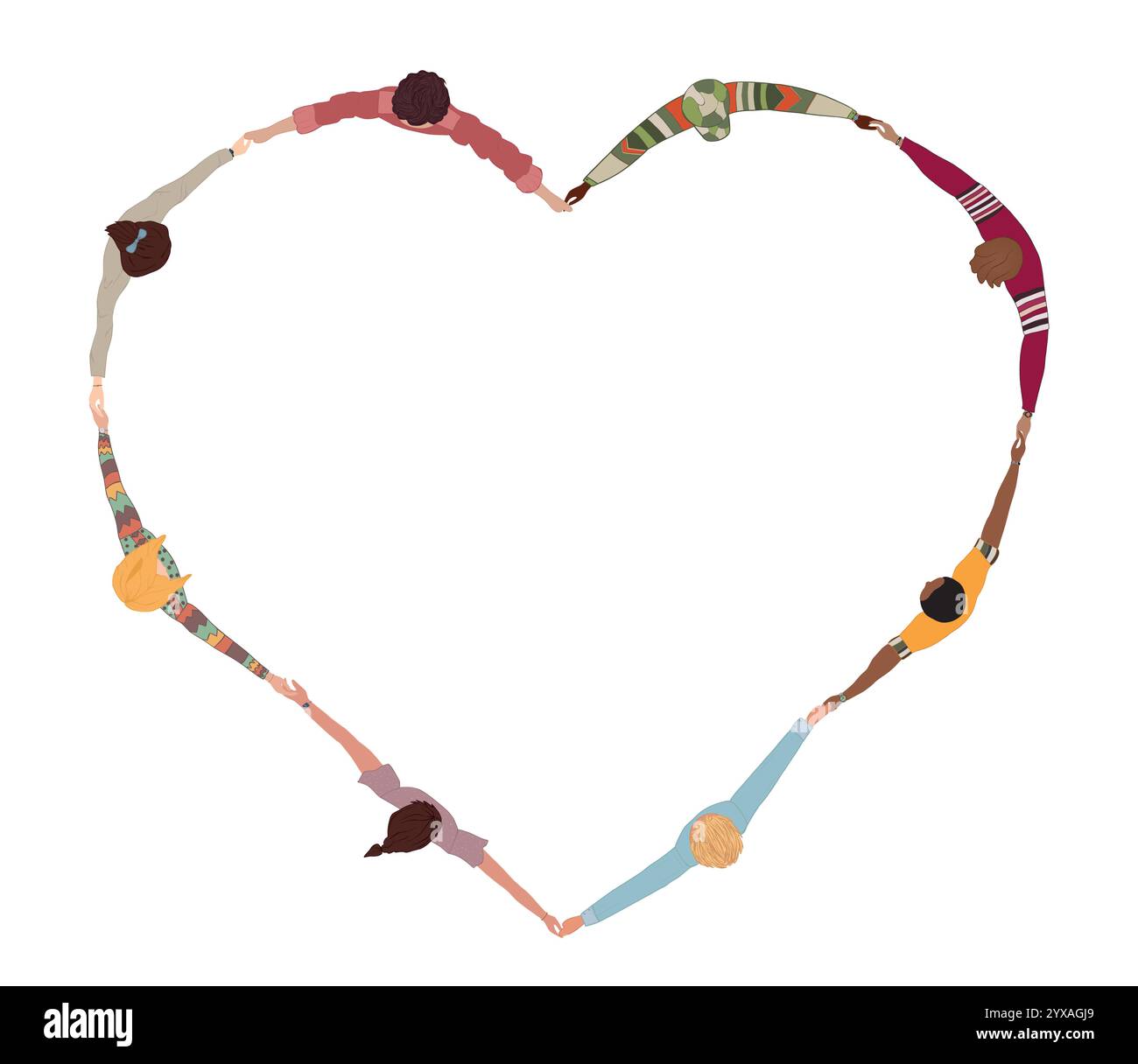 Chain of a group of multicultural isolated people seen from above ...