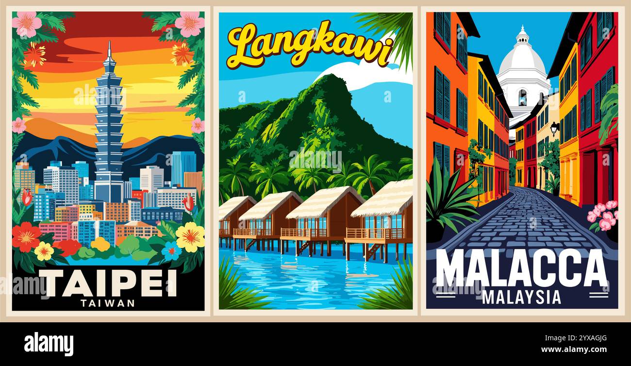 Set of Travel Destination Posters in retro style Stock Vector Image ...