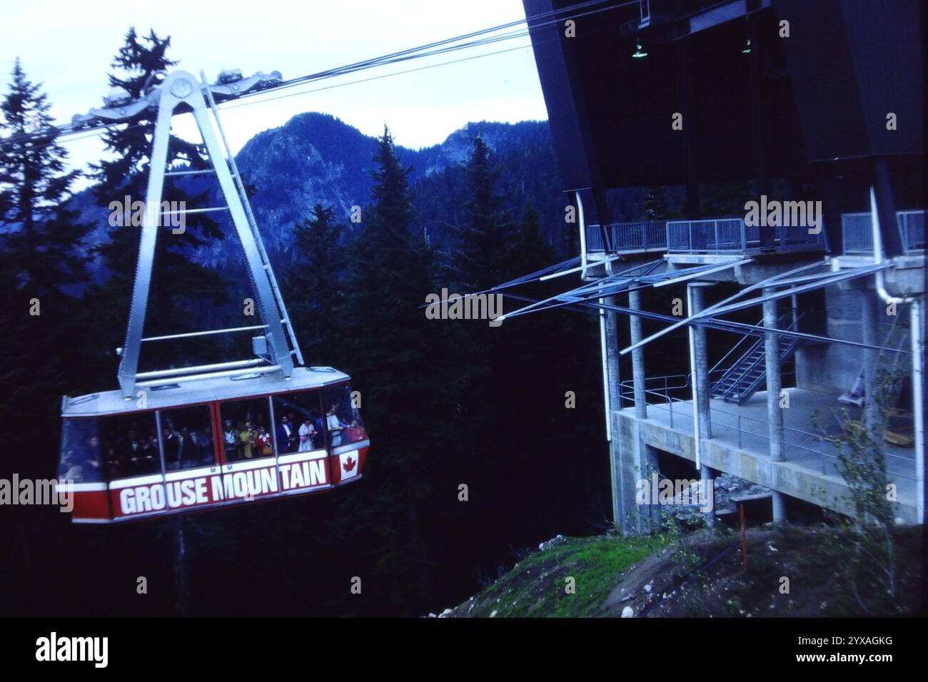 Sightseers riding the Grouse Mountain Skyride cable car aerial tramway ...