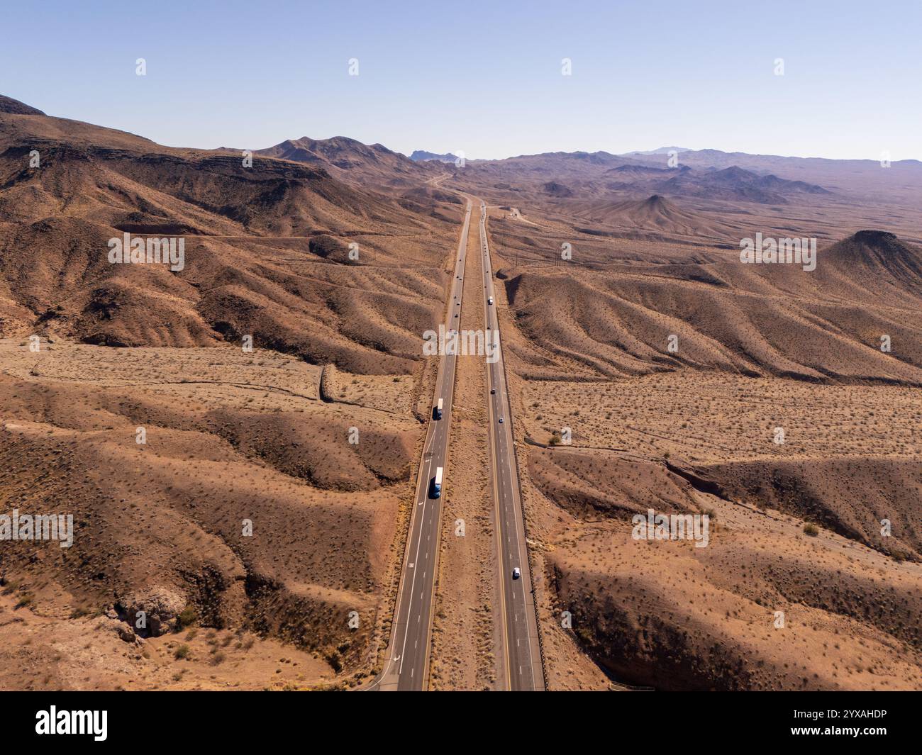 American highway US-93 in a desertic landscape, aerial view, in Arizona ...