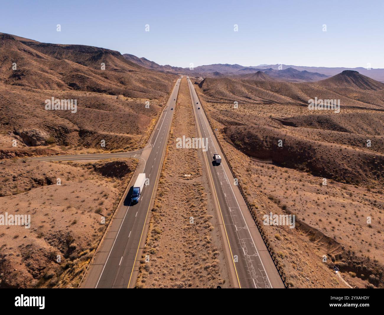 American highway US-93 in a desertic landscape, aerial view, in Arizona ...