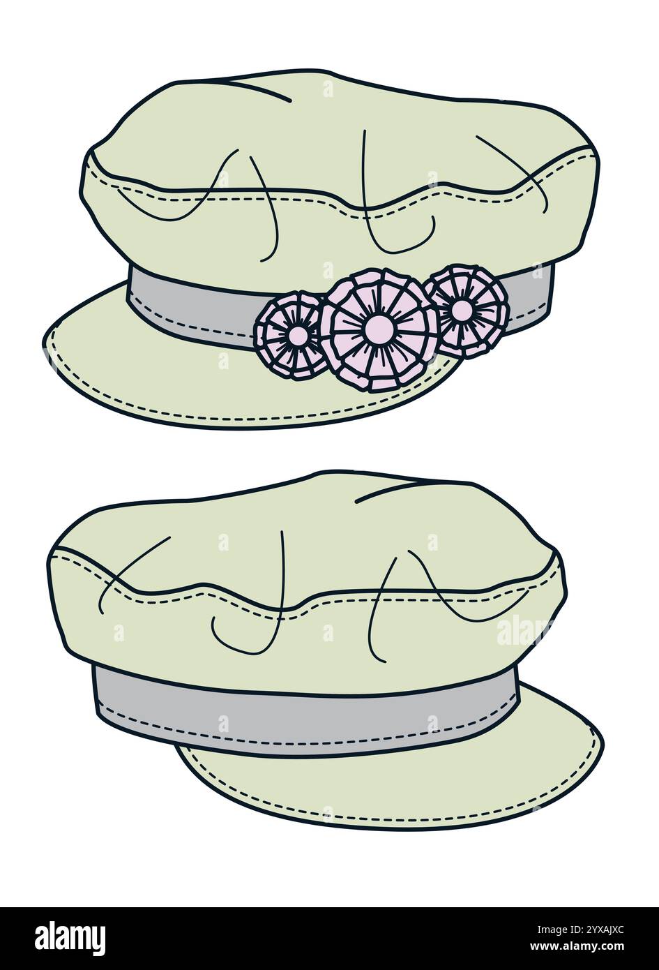 Girls fiddler hats technical line drawing vector mockup template Stock ...