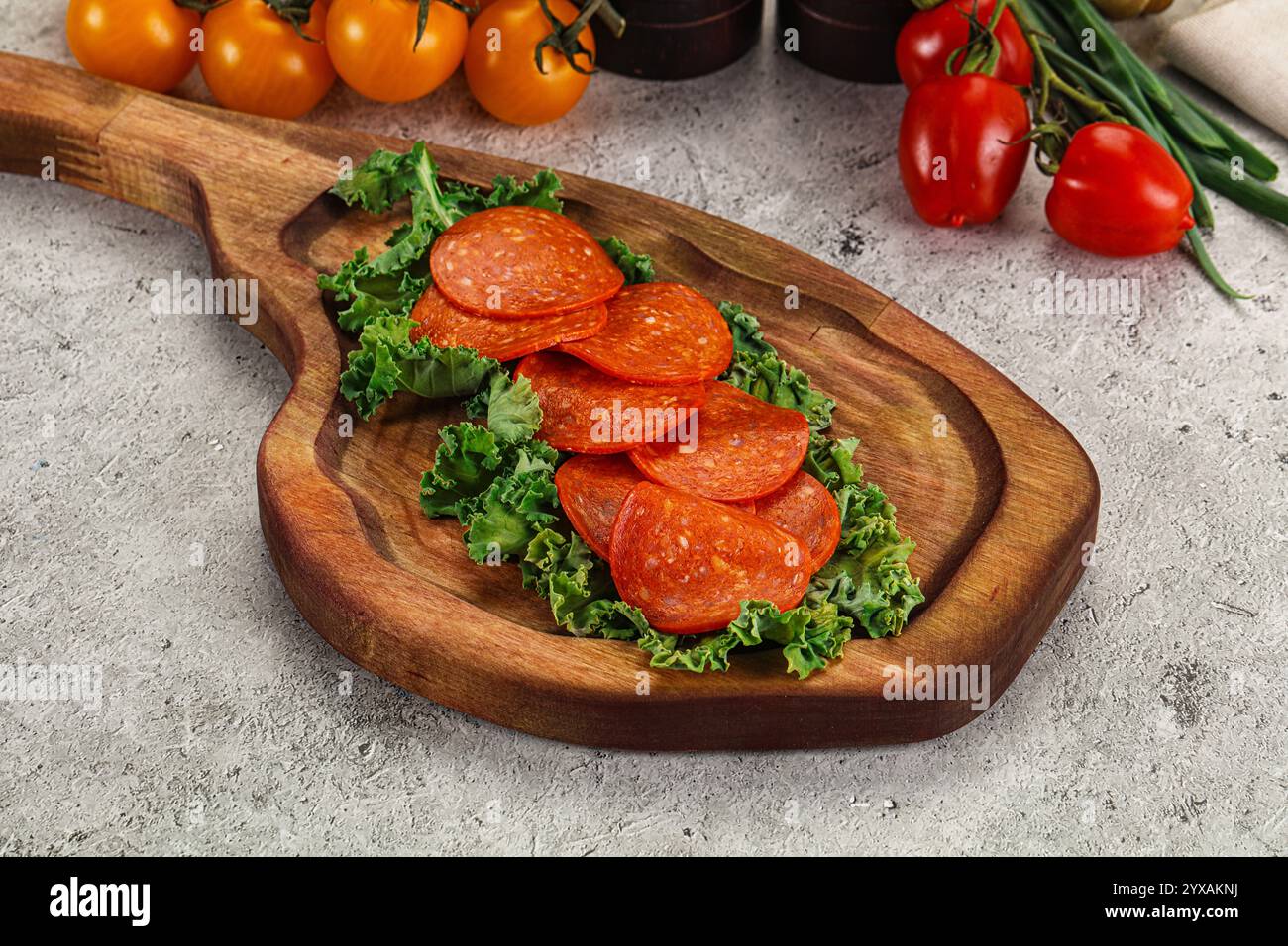 Spanish salami cured chorizo sausage slices Stock Photo - Alamy