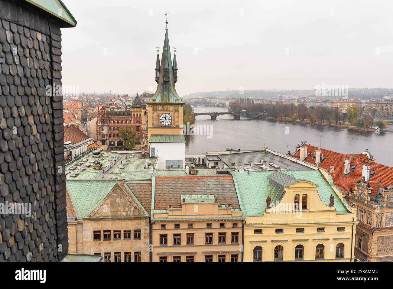 Aerial view of the Vltava River with monumental buildings of the unesco ...