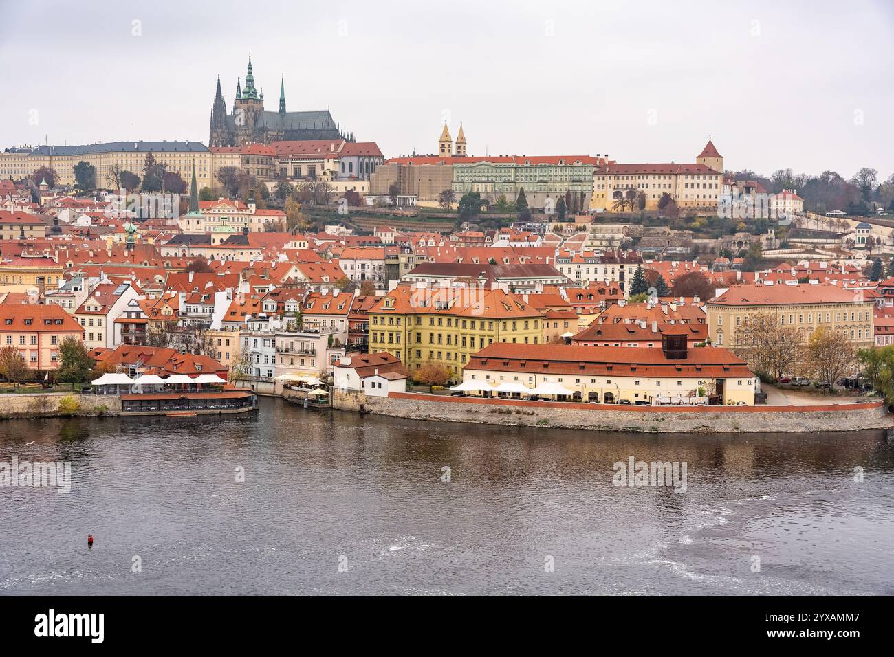 Aerial view of the Vltava River with monumental buildings of the unesco ...