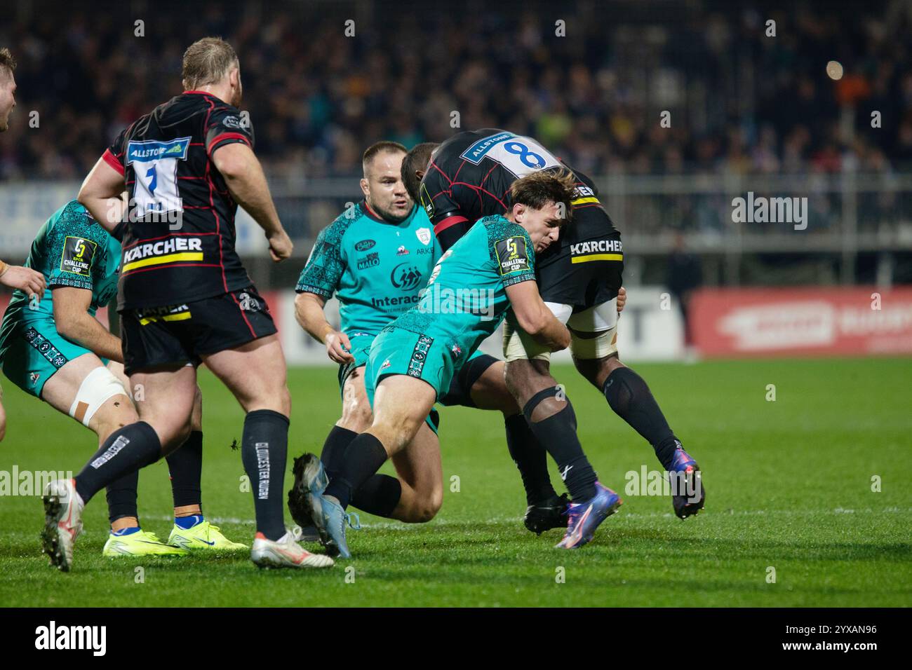 Albert Tuisue of Gloucester tavkled by Robin Taccola of Vannes during ...