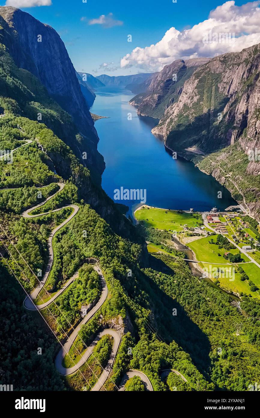 Kjerag, Lysebotn, Lysefjorden, Norway drone Aerial view of a winding ...
