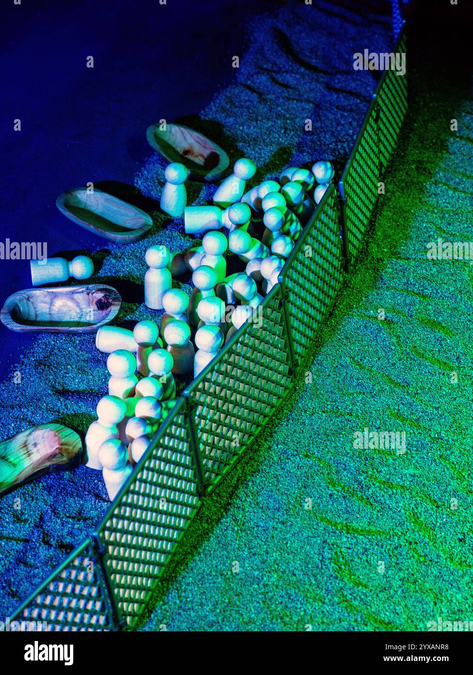 Wooden Figures and Boats in a Migration Scene with Green Highlights ...