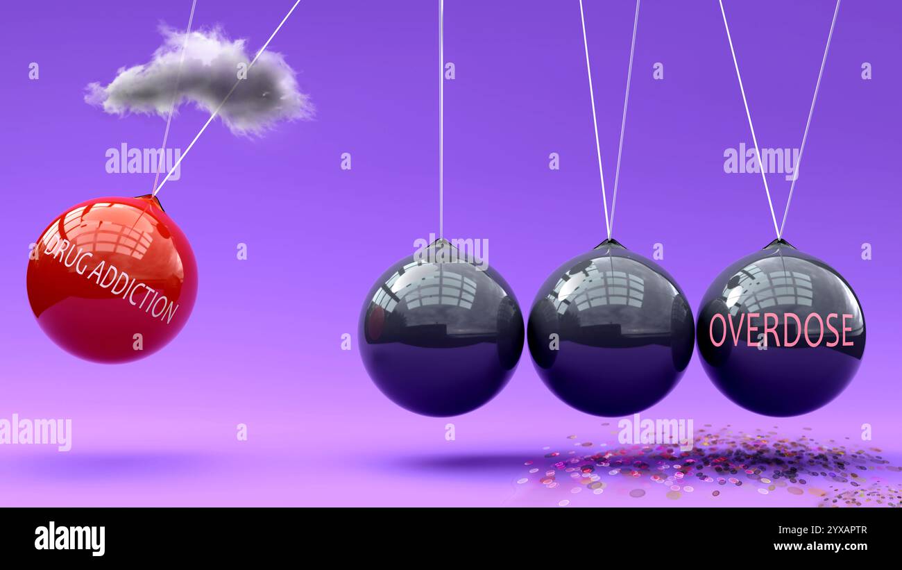 Drug Addiction leads to overdose. A Newton cradle metaphor showing how ...